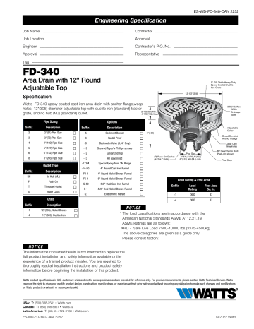 Watts FD-340 Area Drain Specification Sheet | Manualzz