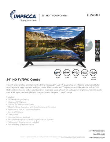 Impecca TL2404D 24-inch HD TV/DVD Combo Spec Sheet | Manualzz