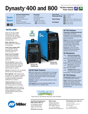 Miller Dynasty® 400 Spec Sheet | Manualzz