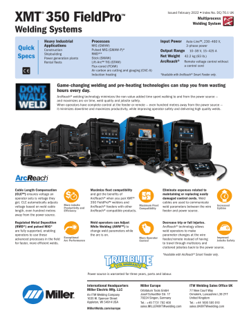 Miller XMT® 350 FieldPro™ Spec Sheet | Manualzz