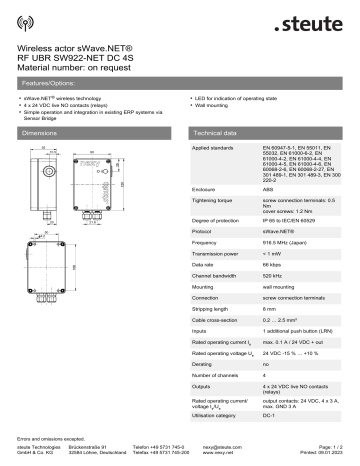Steute RF UBR SW922-NET DC 4S Data Sheet | Manualzz