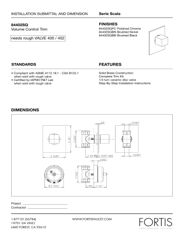 Fortis 84402sq Volume Control Valve Trim Specification Sheet | Manualzz