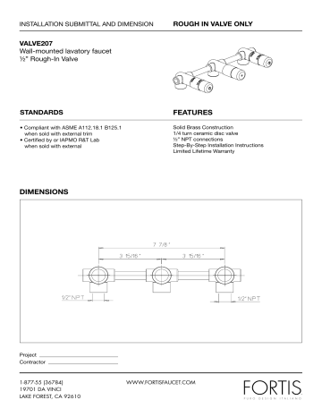 Fortis valve207 1/2" Rough-In Valve Specification Sheet | Manualzz