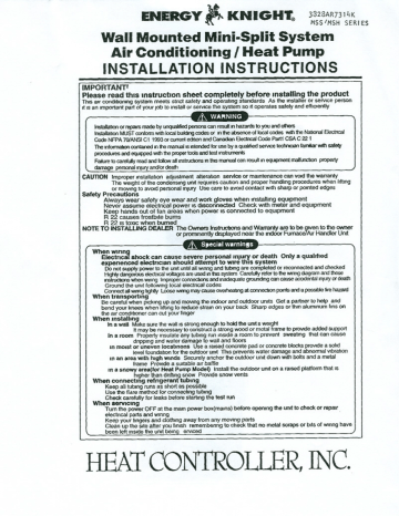MARS Mini-Splits MSH & MSS Installation and Operation Manual | Manualzz