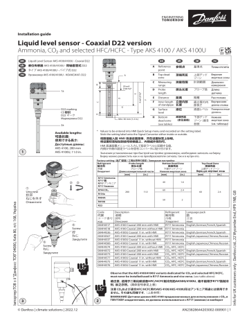 Danfoss AKS 4100 U Liquid level sensor - Coaxial D22 version - Ammonia ...