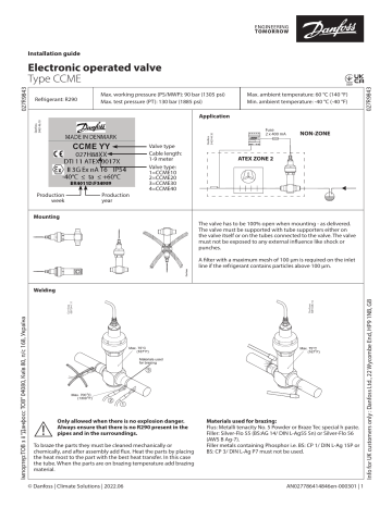 Danfoss CCME 20 Electrically operated valves for R290 Installation Guide | Manualzz