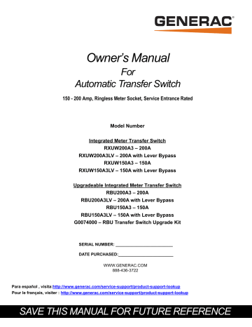 Generac Integrated Meter RXUW200A3 Transfer Switch Manual | Manualzz