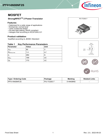 Infineon IPF014N08NF2S MOSFET Data Sheet | Manualzz