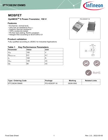 Infineon IPTC063N15NM5 MOSFET Data Sheet | Manualzz