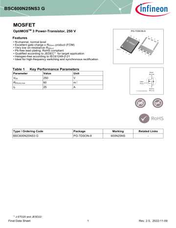 Infineon BSC600N25NS3 G MOSFET Data Sheet | Manualzz