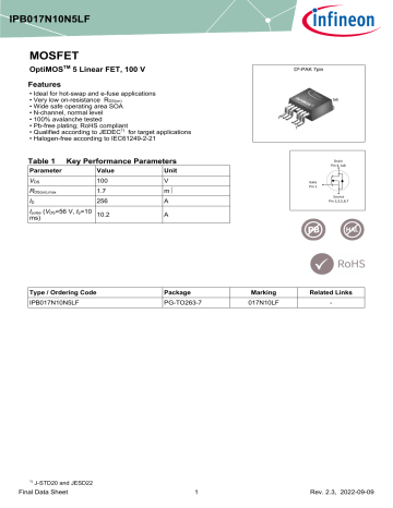 Infineon IPB017N10N5LF MOSFET Data Sheet | Manualzz