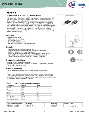 Infineon IPZA65R018CFD7 MOSFET Data Sheet | Manualzz