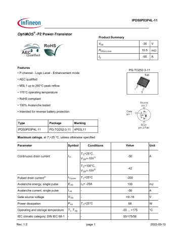 Infineon IPD50P03P4L-11 MOSFET Data Sheet | Manualzz