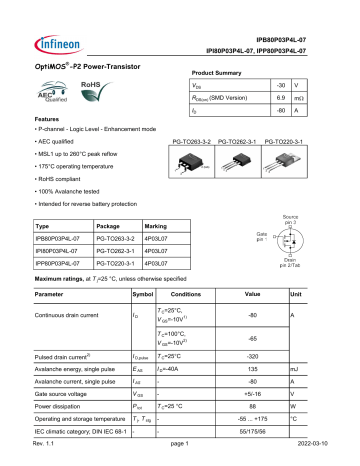 Infineon IPB80P03P4L-07 MOSFET Data Sheet | Manualzz