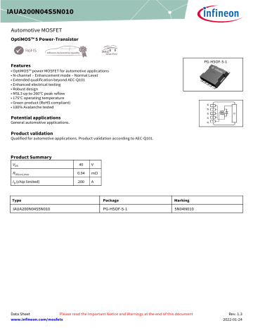Infineon IAUA200N04S5N010 MOSFET Data Sheet | Manualzz