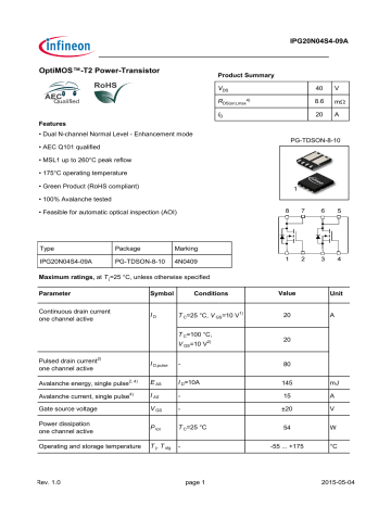Infineon IPG20N04S4-09A MOSFET Data Sheet | Manualzz