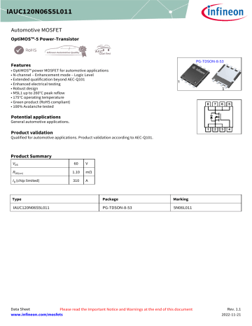 Infineon IAUC120N06S5L011 MOSFET Data Sheet | Manualzz