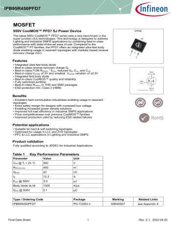 Infineon IPB95R450PFD7 MOSFET Data Sheet | Manualzz