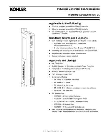 Kohler I/O Modules Accessory Specification Sheet | Manualzz