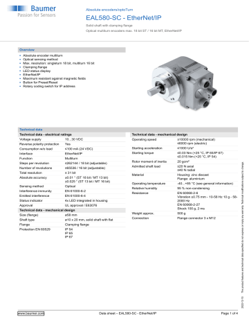 Baumer EAL580-SC - EtherNet/IP Absolute encoder Data sheet | Manualzz