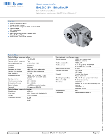 Baumer EAL580-SV - EtherNet/IP Absolute encoder Data sheet | Manualzz