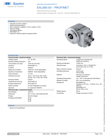 Baumer EAL580-SV - PROFINET Absolute encoder Data sheet | Manualzz