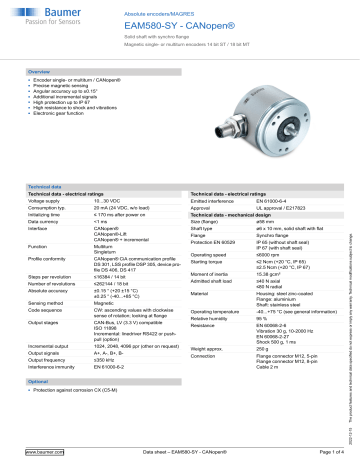 Baumer EAM580-SY - CANopen® Absolute encoder Data sheet | Manualzz