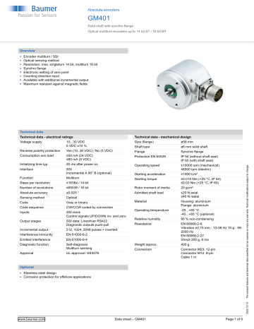 Baumer GM401 Absolute encoder Data sheet | Manualzz