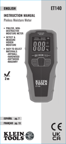 KLEIN TOOLS ET140 Pinless Moisture Meter Instruction | Manualzz