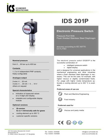 ICS IDS 201 P Electronic Pressure Switch Datasheet | Manualzz