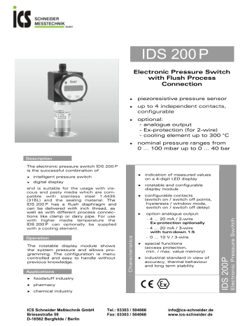 ICS IDS 200 P Electronic Pressure Switch Datasheet | Manualzz