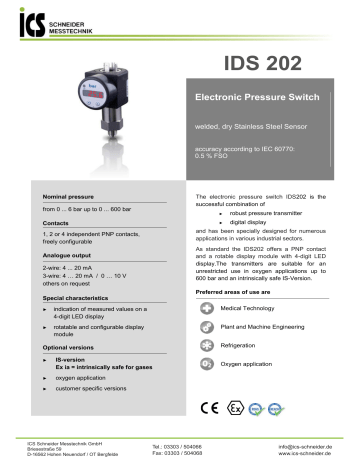 ICS IDS 202 Electronic Pressure Switch Datasheet | Manualzz
