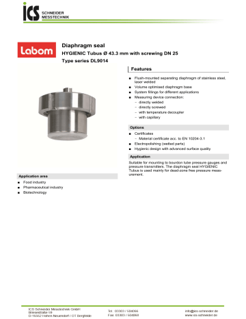 ICS LABOM DL9014 Diaphragm seal Datasheet | Manualzz