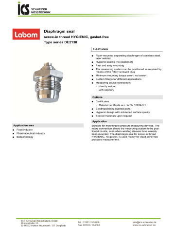 ICS LABOM DE2130 Diaphragm seal Datasheet | Manualzz