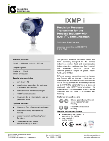 ICS iXMP i Precision Pressure Transmitter Datasheet | Manualzz