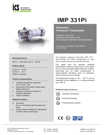 ICS IMP 331Pi Precision Pressure Transmitter Datasheet | Manualzz