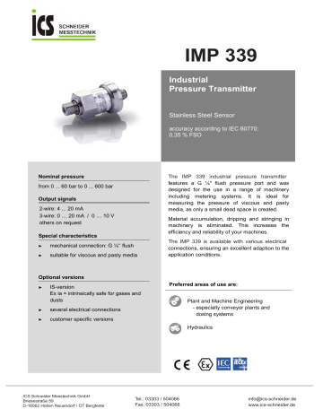 ICS IMP 339 Industrial Pressure Transmitter Datasheet | Manualzz