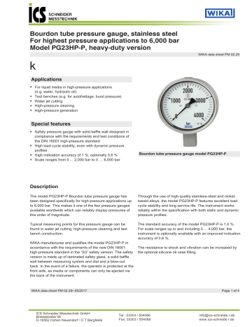 ICS WIKA PG23HP-P Bourdon tube pressure gauge Datasheet | Manualzz