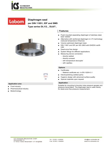 ICS LABOM DL1/2, DL6/7 Diaphragm seal Datasheet | Manualzz
