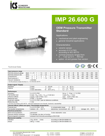 ICS IMP 26.600 G OEM Pressure Transmitter Datasheet | Manualzz