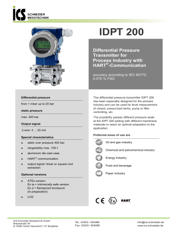 ICS IDPT 200 Differential Pressure Transmitter Datasheet | Manualzz