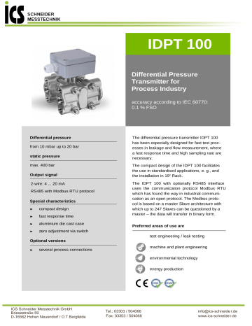 ICS IDPT 100 Differential Pressure Transmitter Datasheet | Manualzz