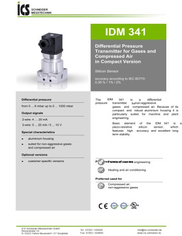 ICS IDM 341 Differential Pressure Transmitter Datasheet | Manualzz