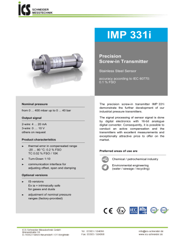 ICS IMP 331i Precision Pressure Transmitter Datasheet | Manualzz