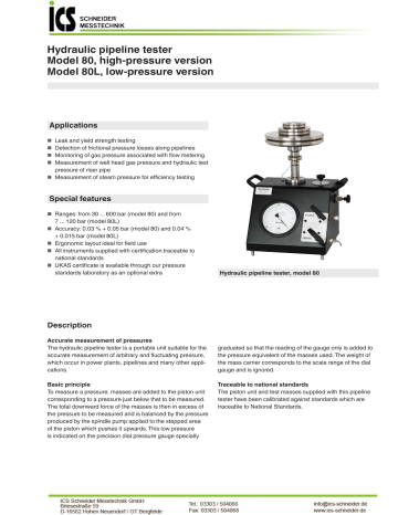 ICS 80, 80L Hydraulic pipeline tester Datasheet | Manualzz