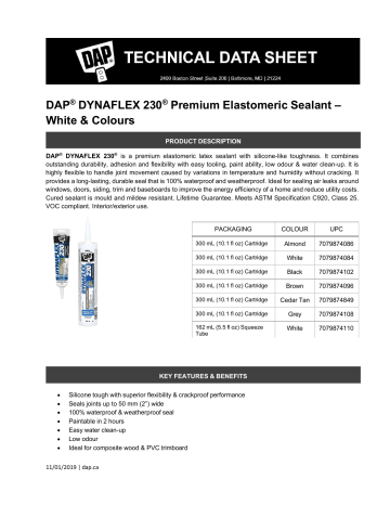 DAP DYNAFLEX 230® Premium Elastomeric Sealant Product sheet | Manualzz