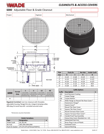 Wade 6003TY 3 in. Cleanout Body Specification | Manualzz
