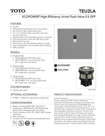 Toto SS EcoPower® 0.5 gpf Sensor Flush Valve Specification | Manualzz