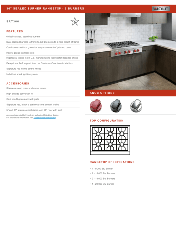 Wolf SRT366-LP 6 Burner Liquid Propane Sealed Cooktop Specification ...