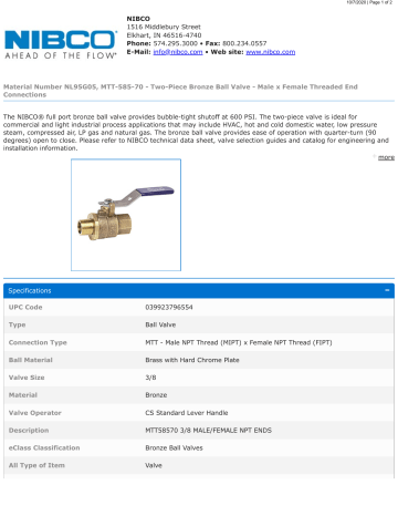 NIBCO NL95G05 3/8 in. Ball Valve Specification | Manualzz